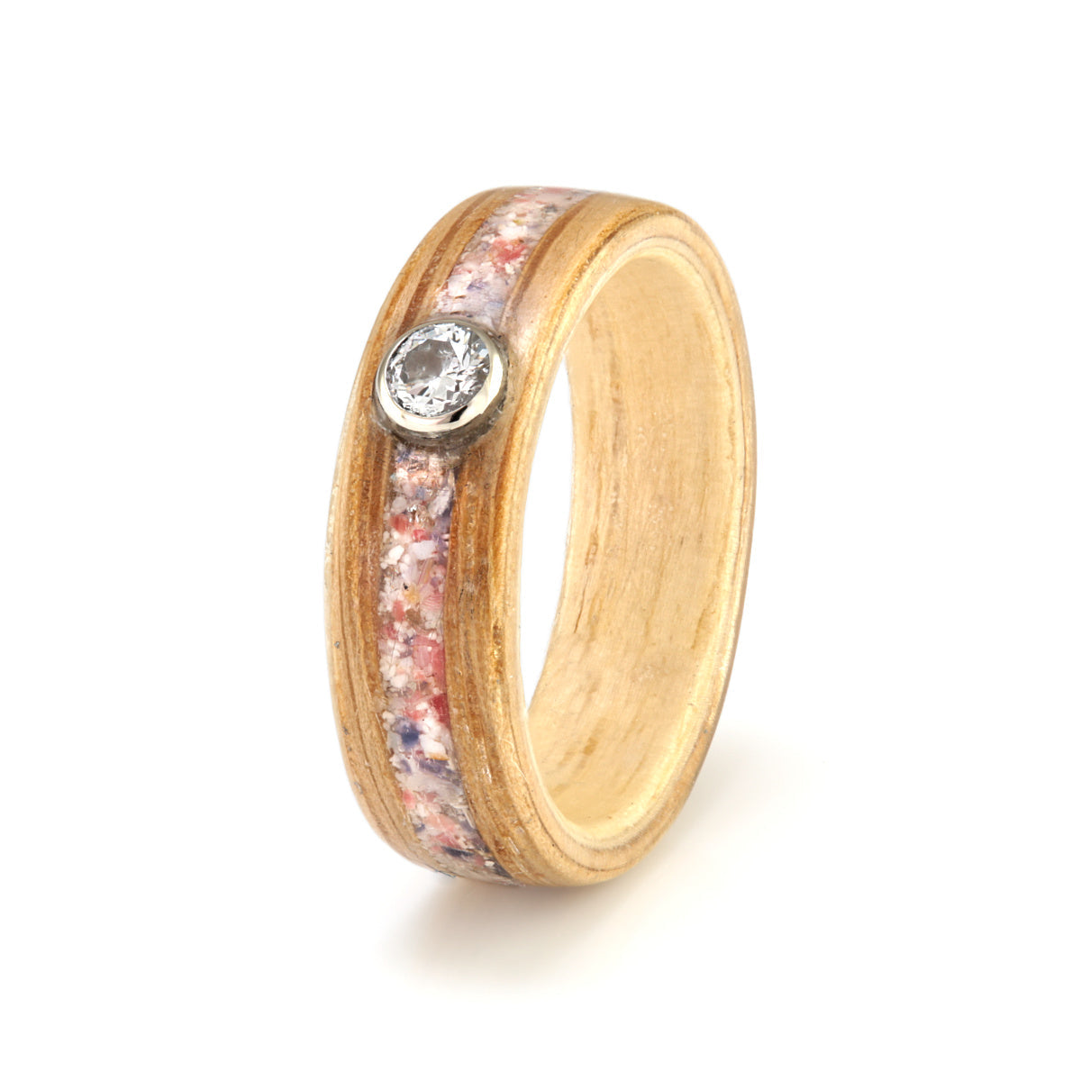 Eco Wood Rings - Oak Wood Ring with Ash, Sand, Shell, Sea Glass & Diamond
