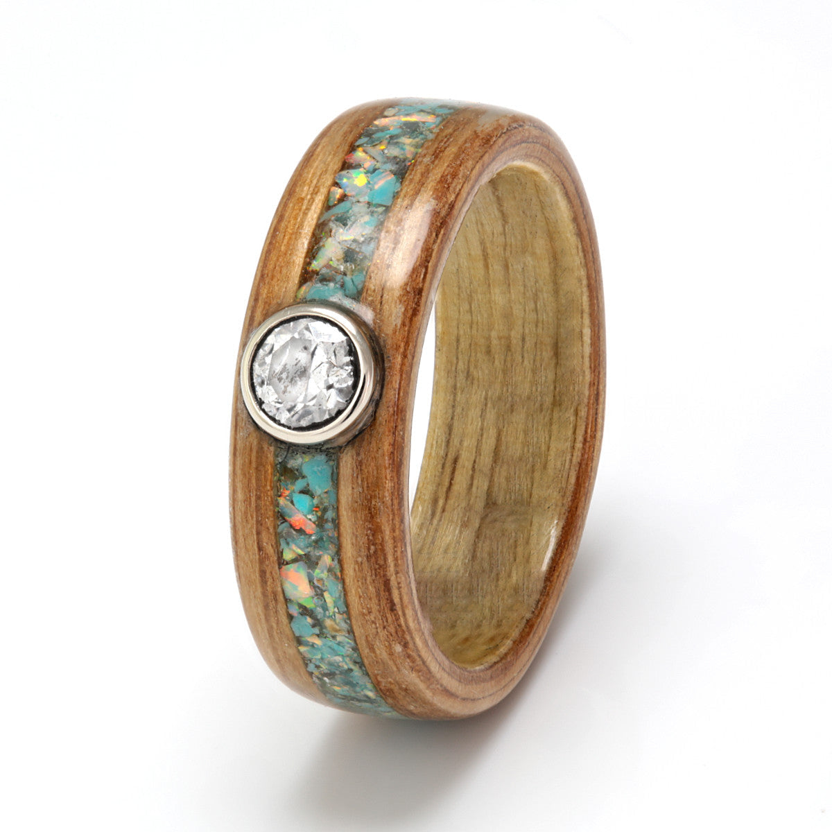 Eco Wood Rings - Oak Wood Ring with Bristlecone, Mixed Inlay & Diamond